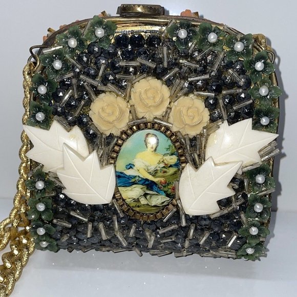 Bags | Vintage Antique Beaded Cameo Purse Brass 3d Flowers Needs Repair ...